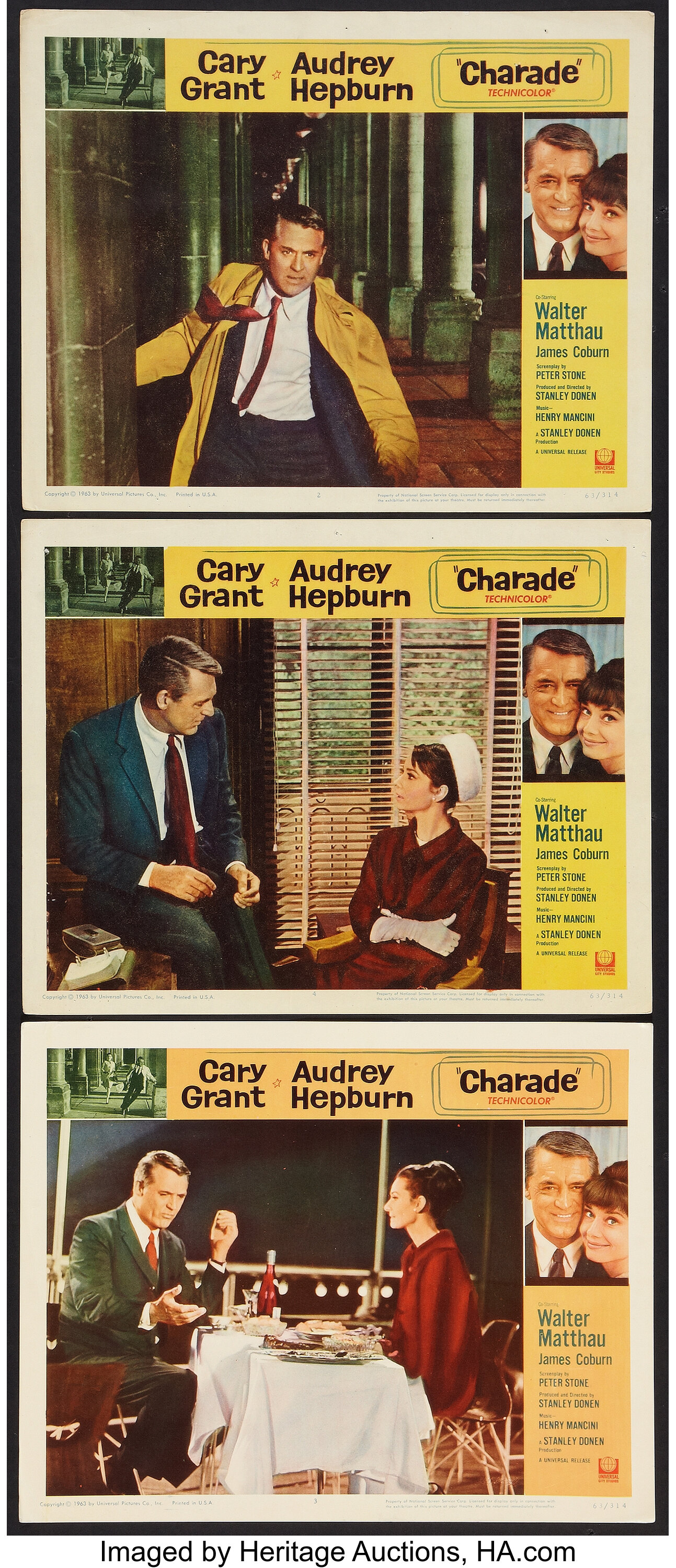 Charade (Universal, 1963). Lobby Cards (3) (11" X 14"). Mystery.. | Lot ...