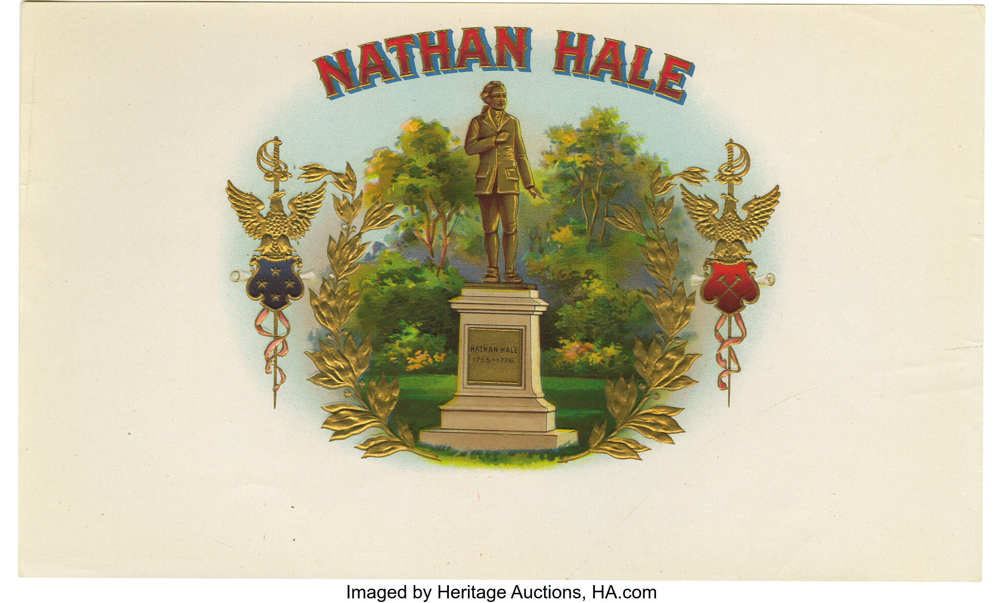 Nathan Hale Cigar Label. A lithographed and embossed 10" x 6" inner ...