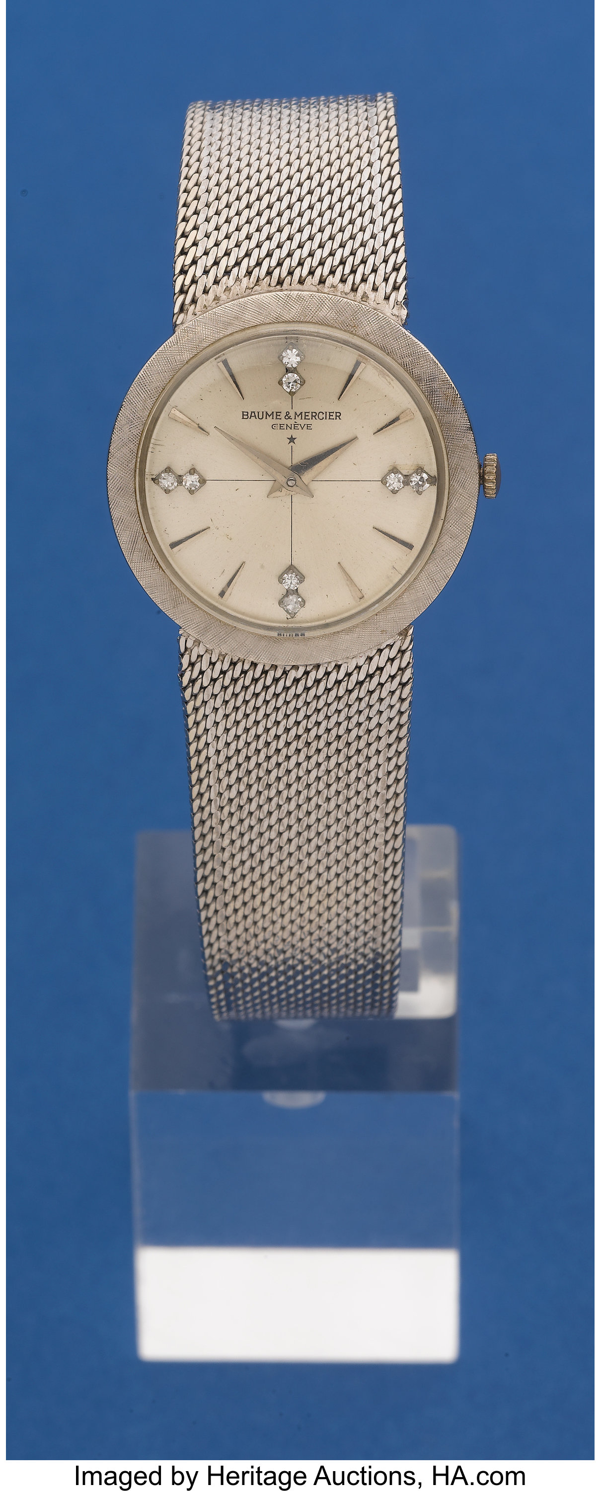 Baume & Mercier 27 mm, 14k White Gold Diamond Dial With 14k Band. | Lot ...