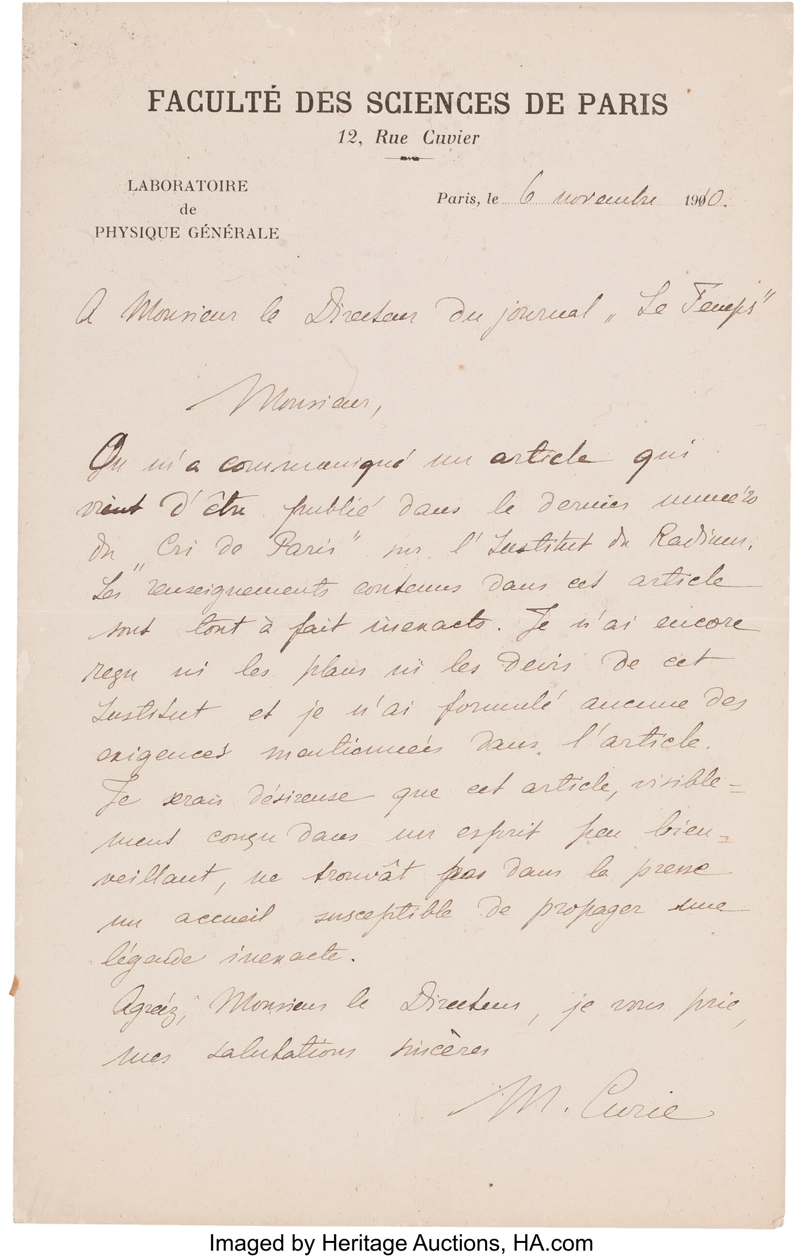 Marie Curie Autograph Letter Signed... Autographs Inventors | Lot ...