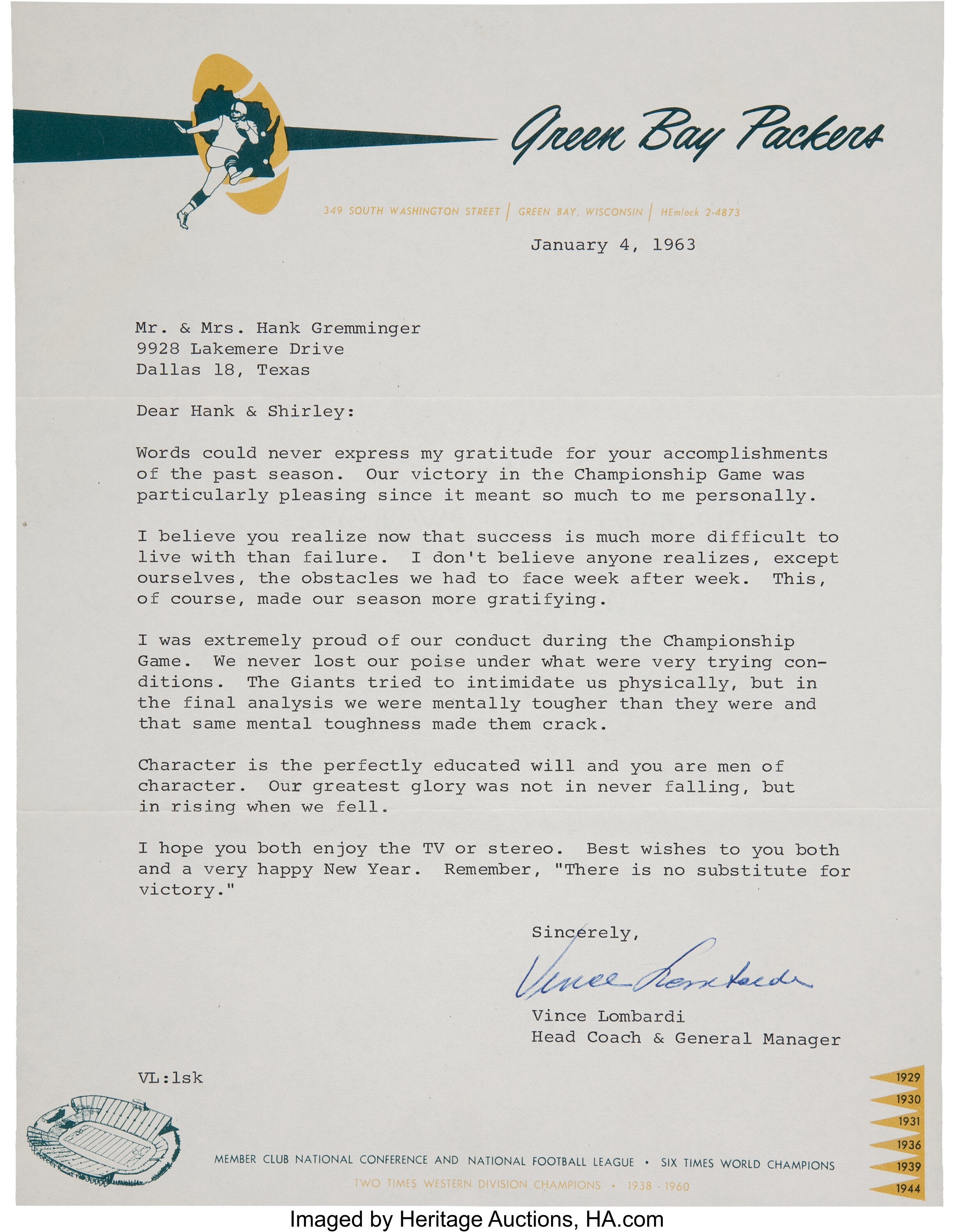 1963 Vince Lombardi Signed Letter, Thanking Hank Gremminger for | Lot ...