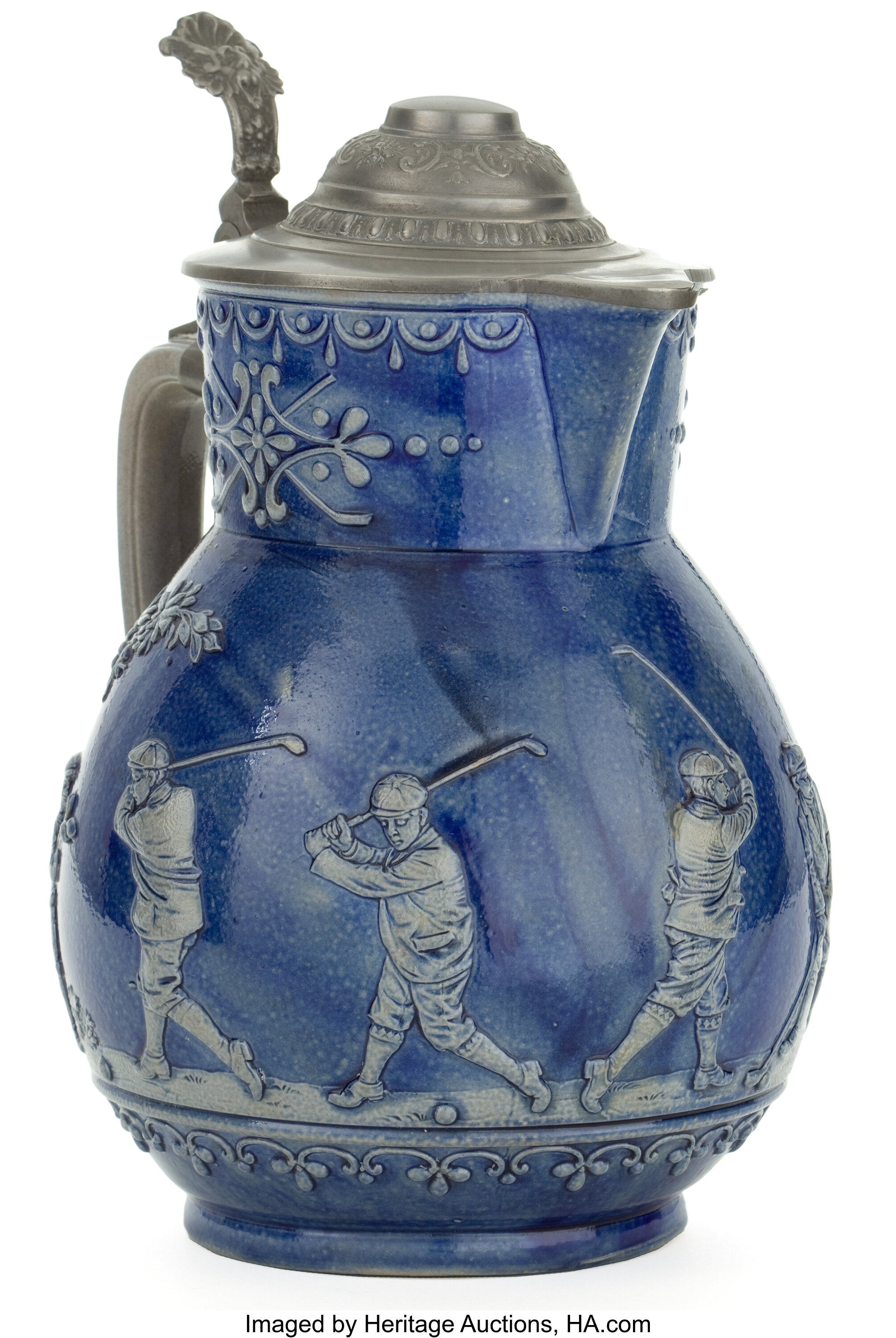 A GERZ SALT GLAZED STONEWARE PITCHER WITH PEWTER LID . Simon Peter ...