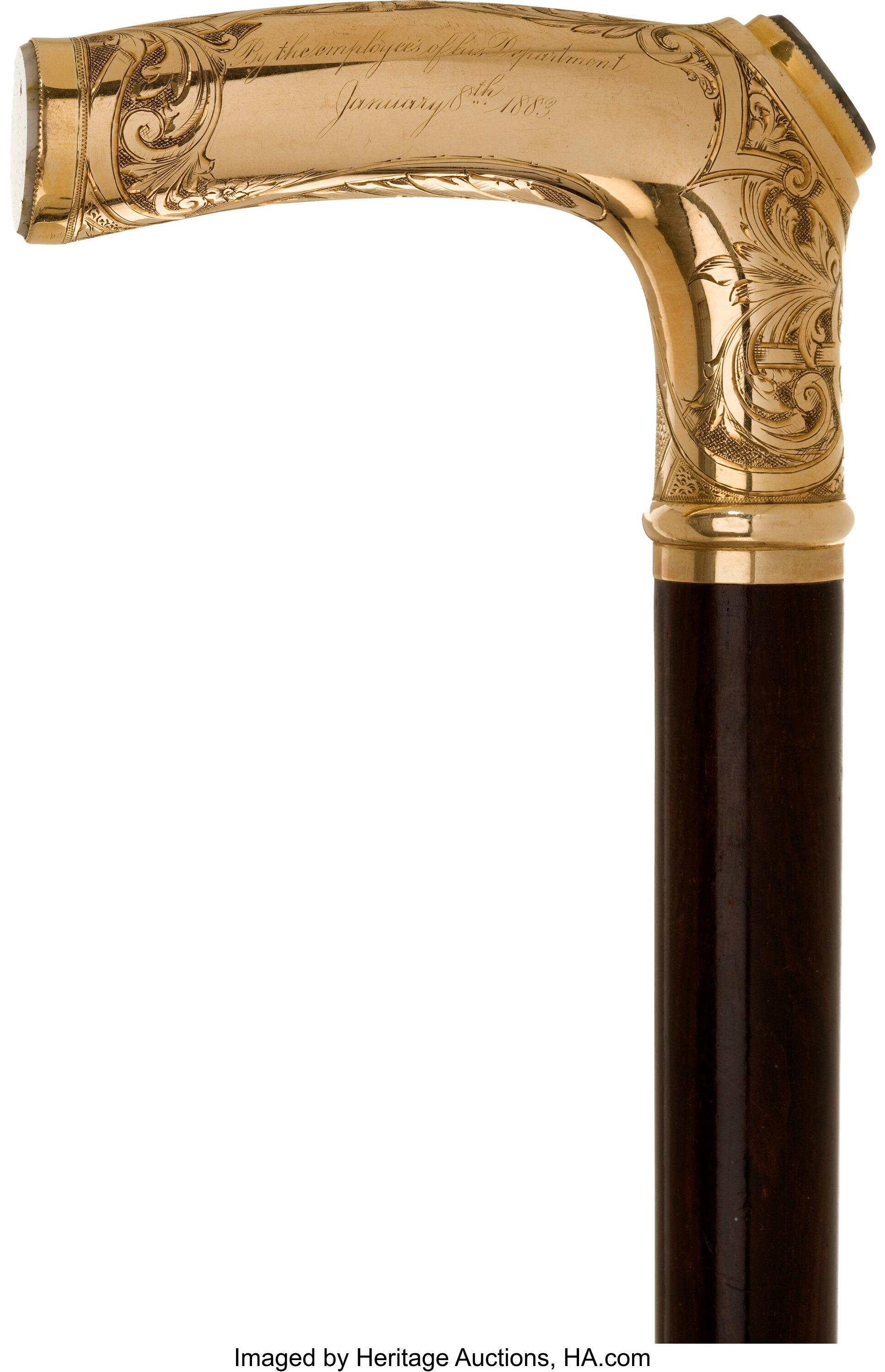 A Beautiful Gold Handled California Presentation Cane with Two Gold ...