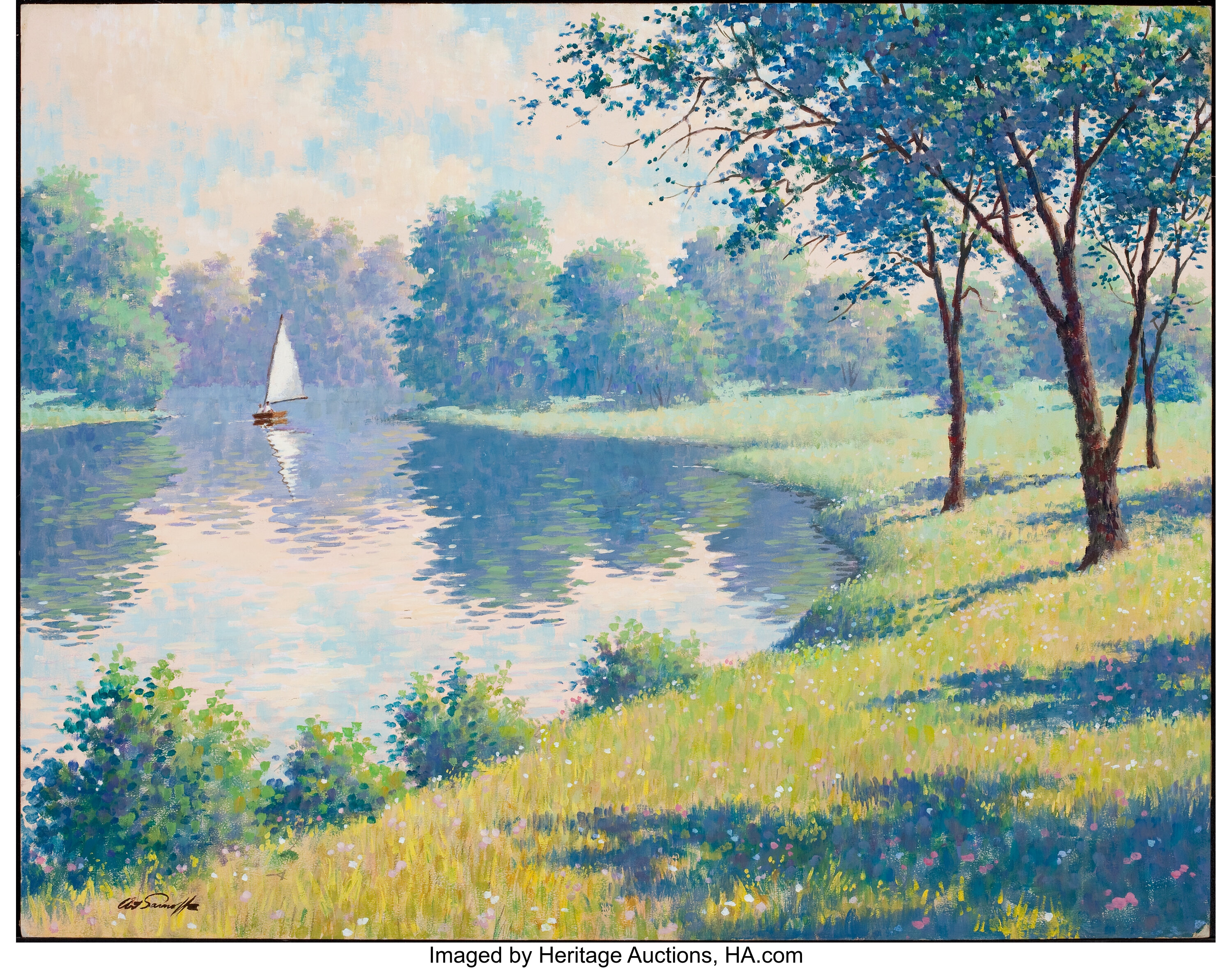 ARTHUR SARON SARNOFF (American, 1912-2000). Sailing. Oil on board ...