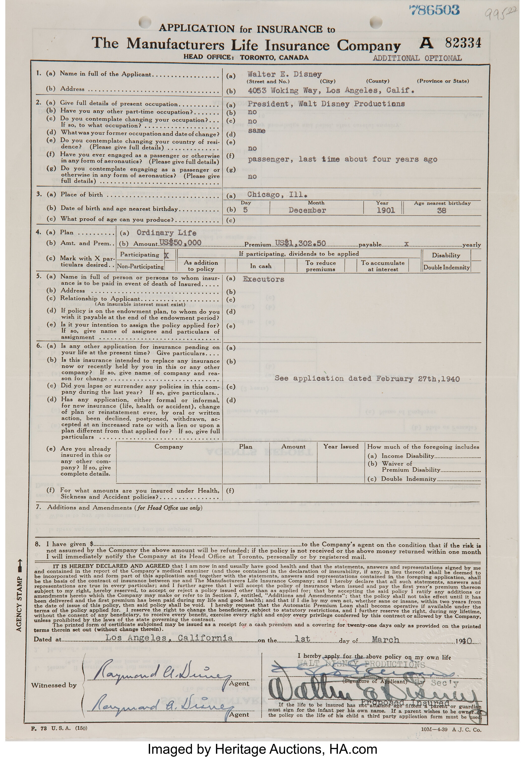 Walt Disney's Signed Insurance Policy.... Movie/TV Memorabilia | Lot ...