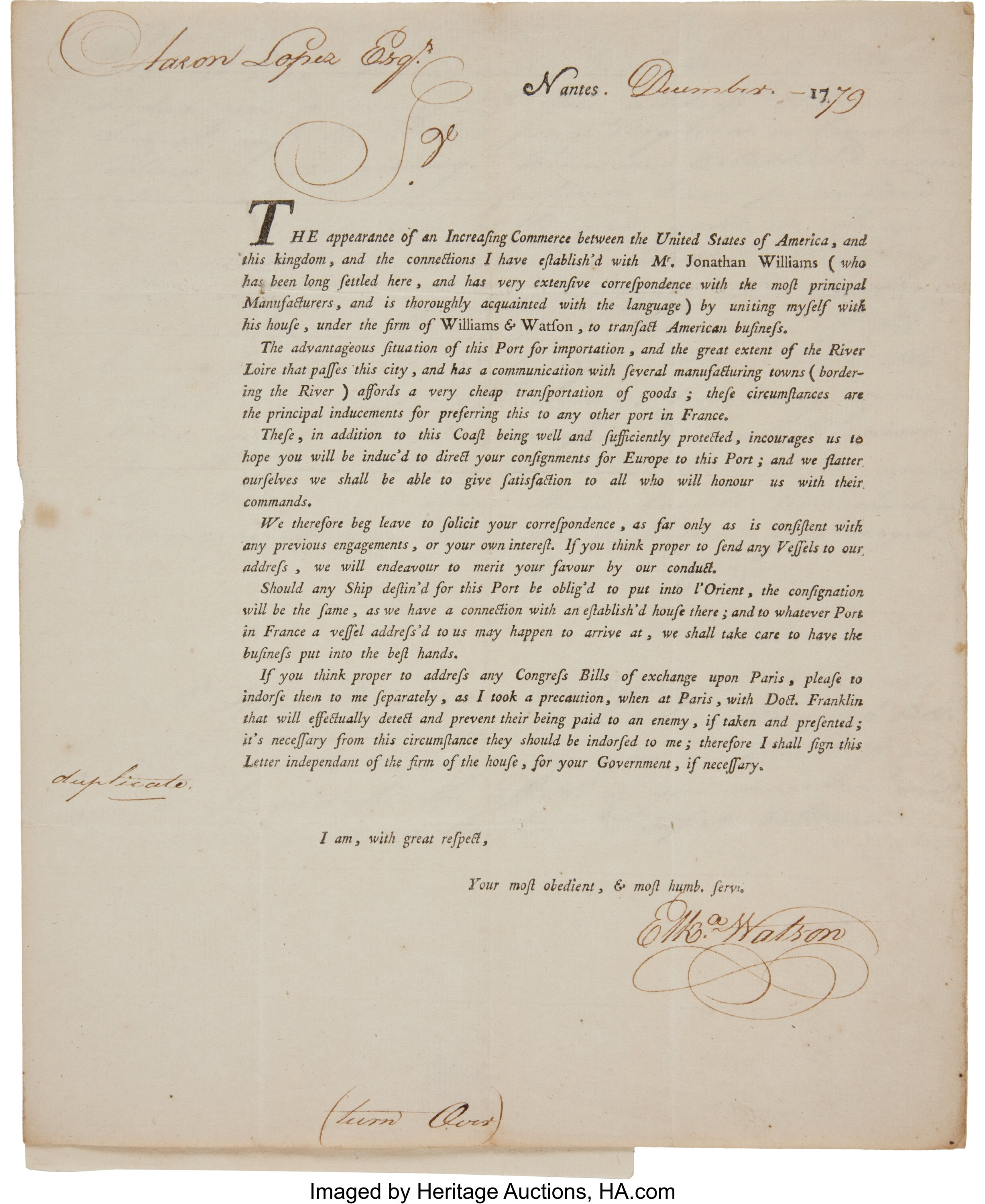 Revolutionary War: Elkanah Watson Letters (2) to Aaron Lopez.... | Lot ...