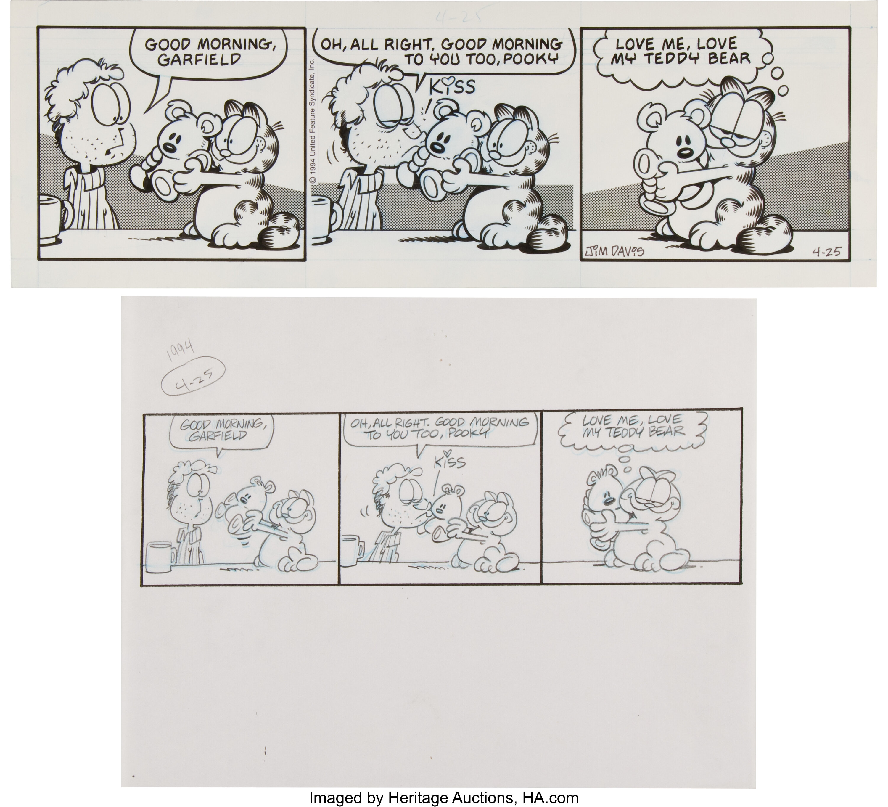 Jim Davis Garfield Daily Comic Strip Original Art dated 4-25-94 | Lot ...