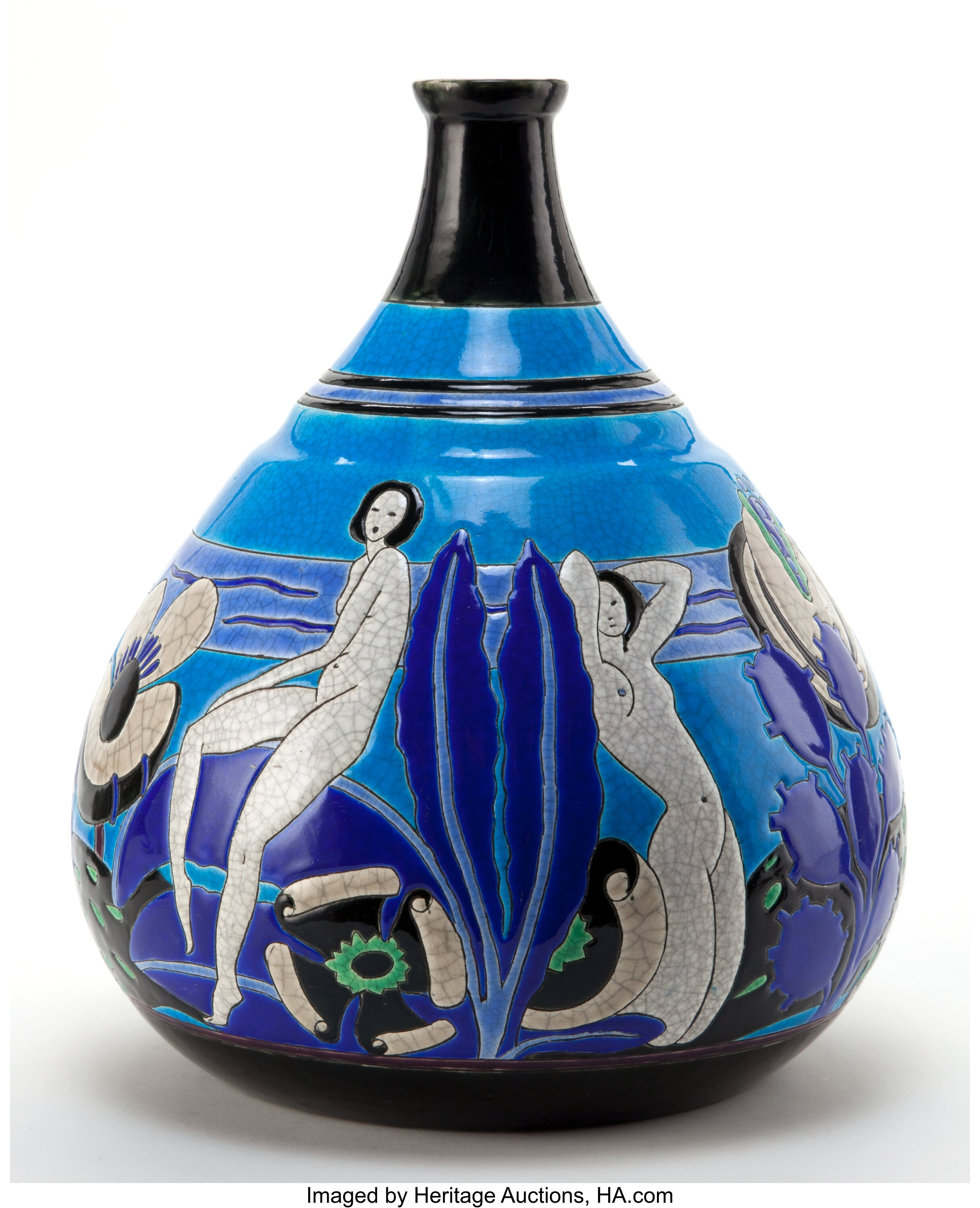 A LONGWY FIGURAL CERAMIC VASE: BAIGNEUSES. Longwy Pottery, Longwy ...