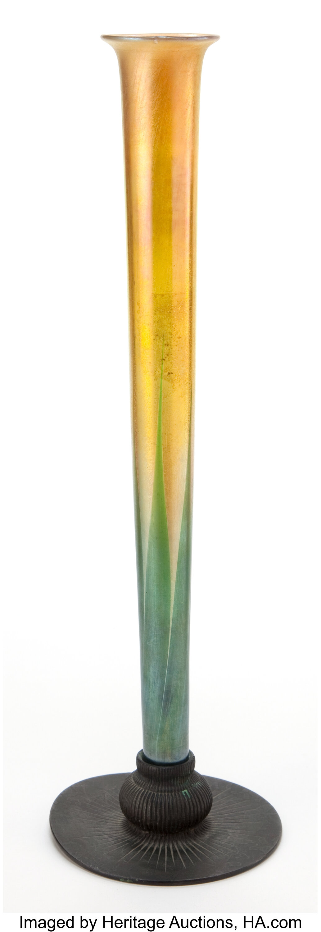 TIFFANY STUDIOS FAVRILE GLASS VASE WITH BRONZE BASE . Gold Favrile ...