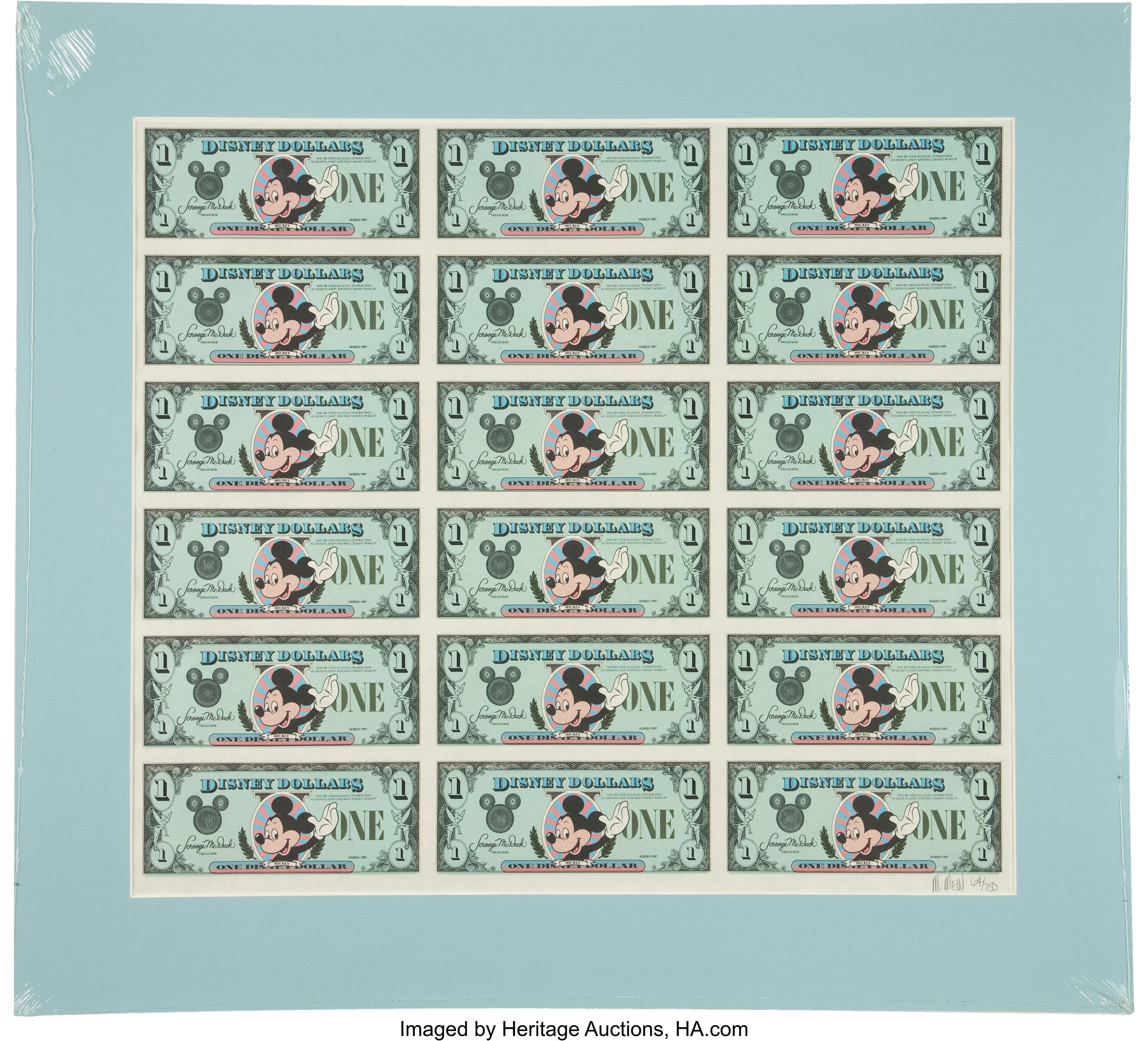One Disney Dollar Uncut Sheet Print #64/750 (Disney, 1987).... | Lot ...