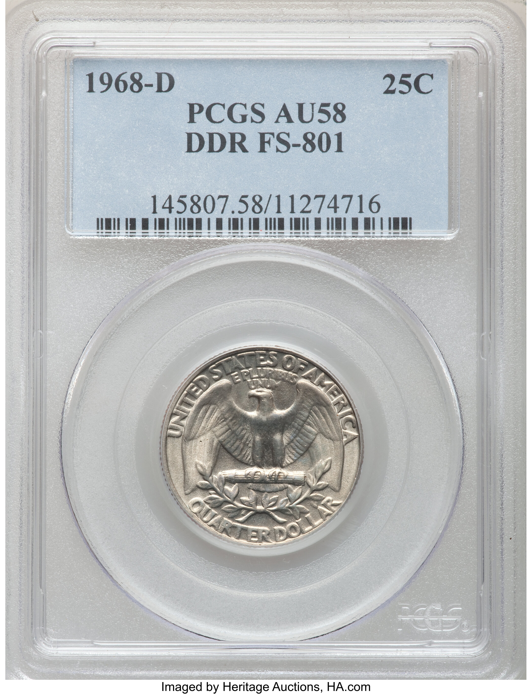 1968-D 25C AU58 PCGS. DDR FS-801. This is the plate coin on the | Lot ...