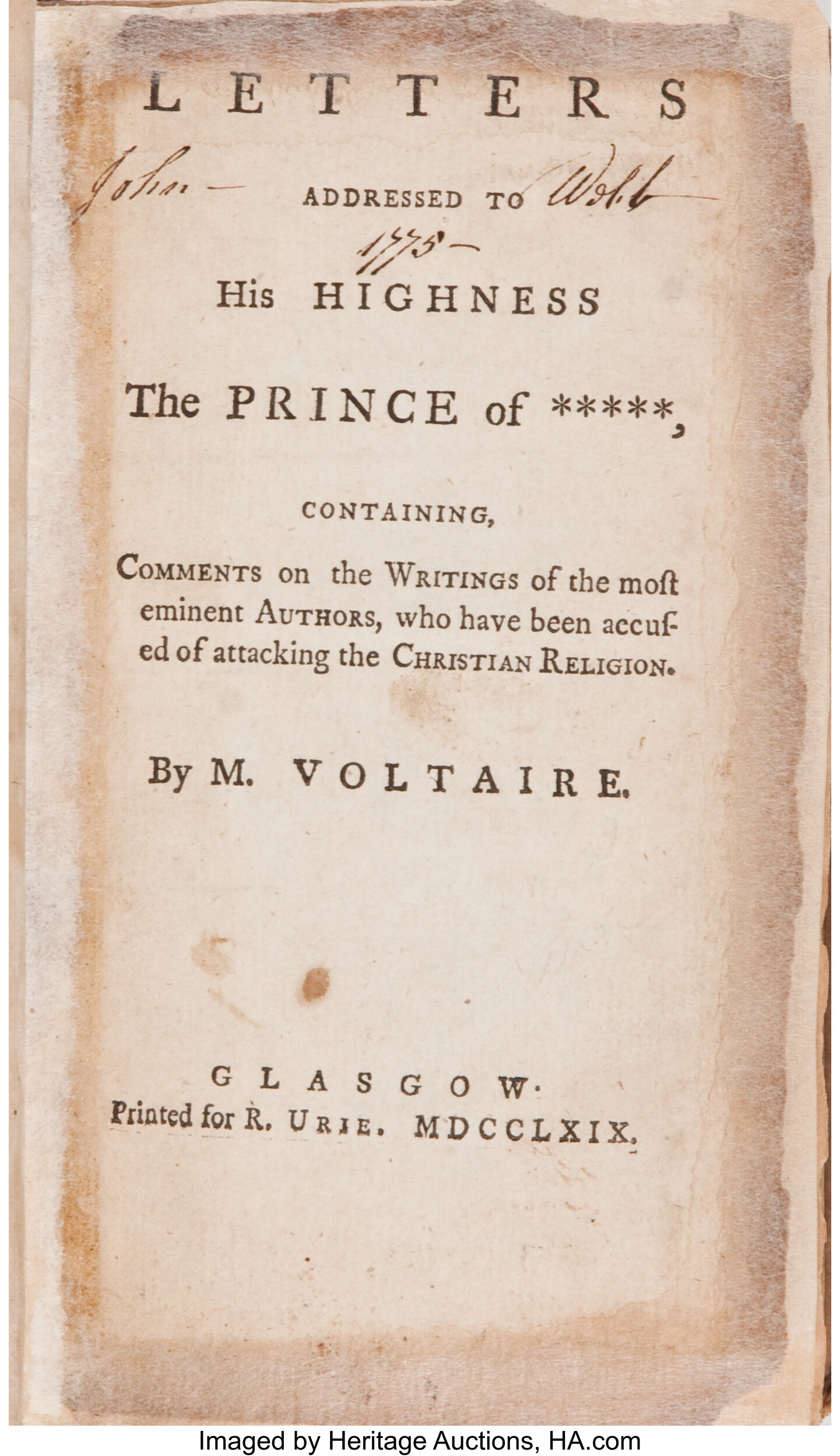 [Atheism]. M. Voltaire. Letters Addressed to His Highness The | Lot ...