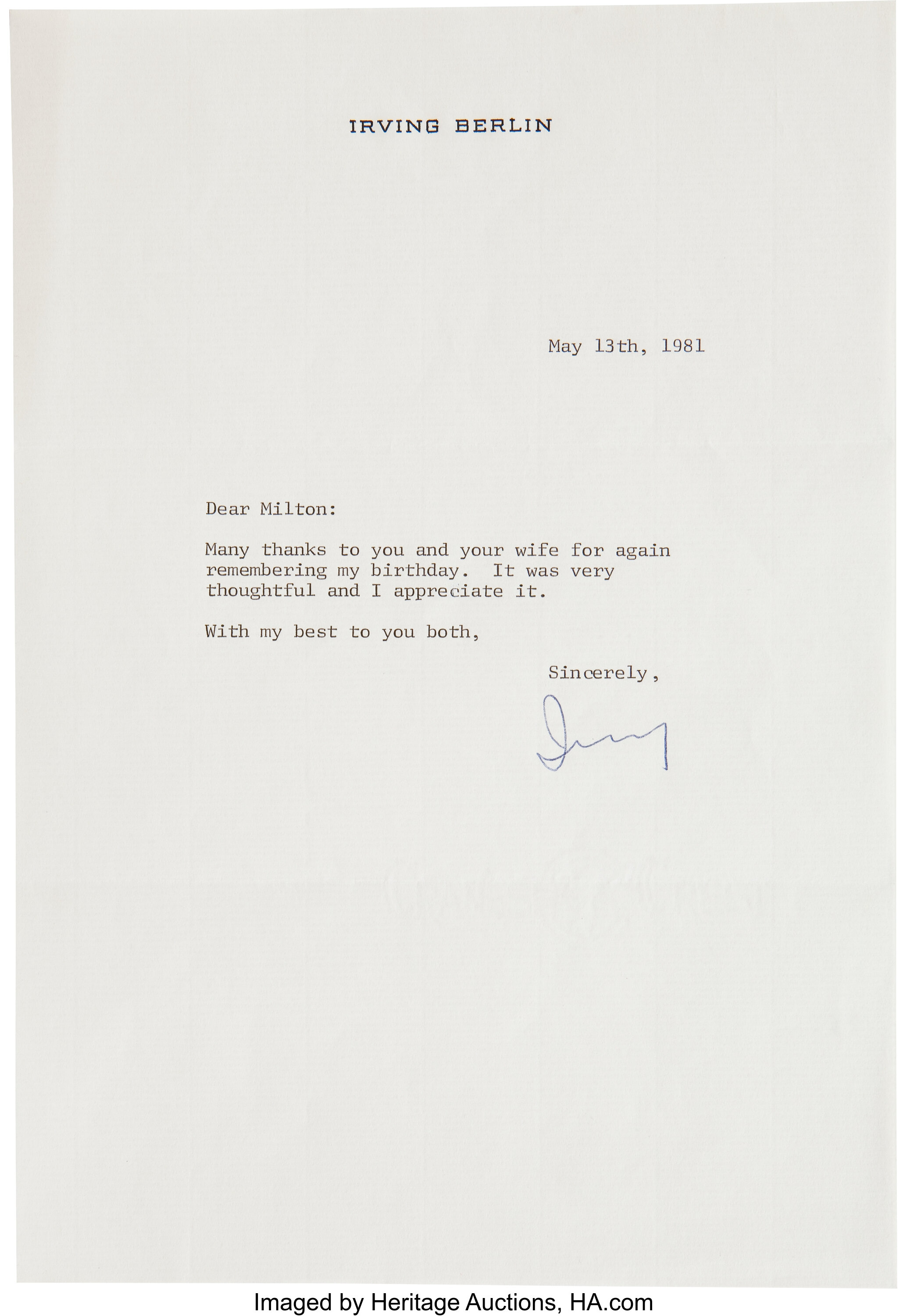 An Irving Berlin Signed Letter, 1981.... Movie/TV Memorabilia | Lot ...
