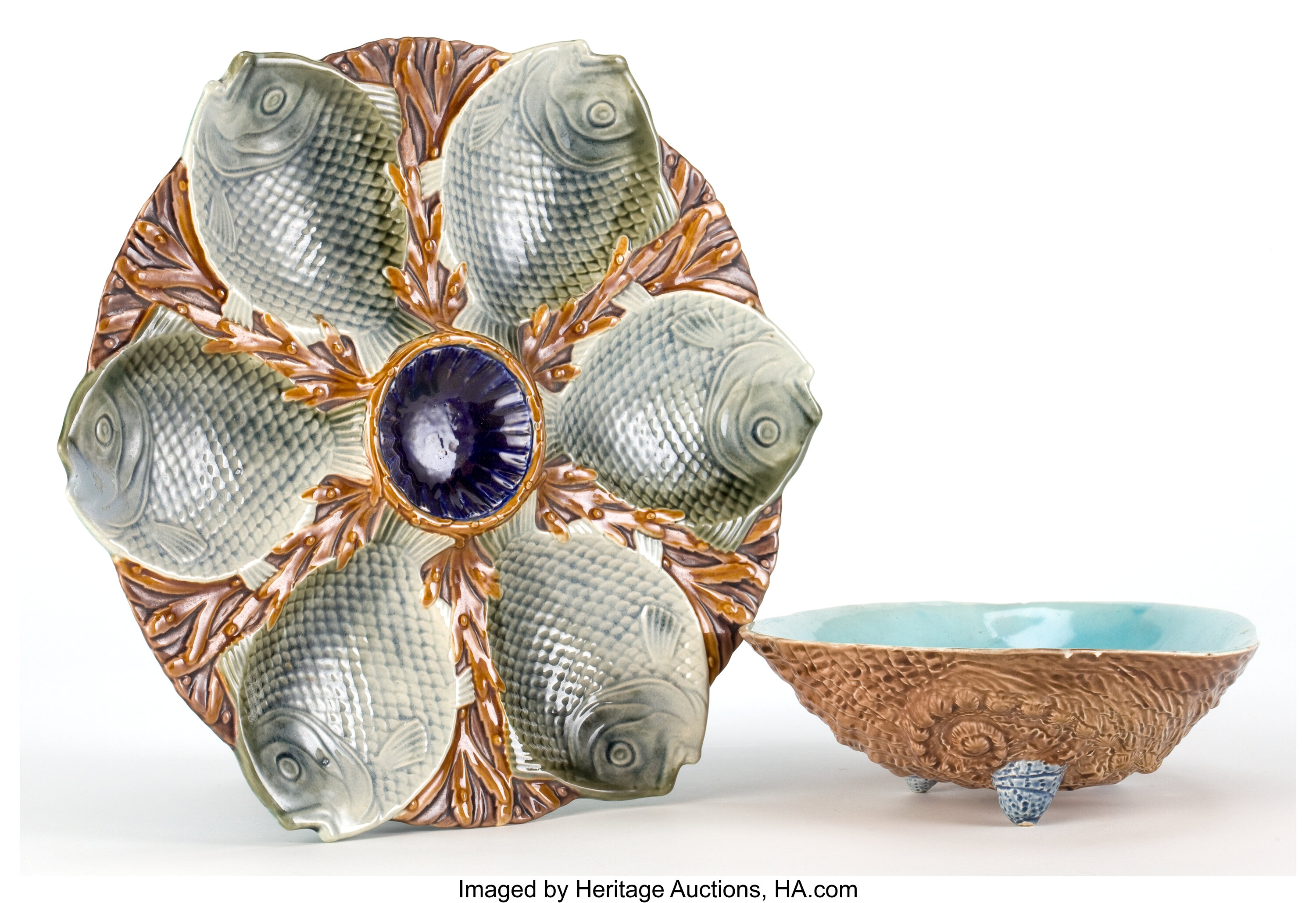 A MINTON MAJOLICA OYSTER PLATE AND SHELL-FORM DISH . Minton, | Lot ...