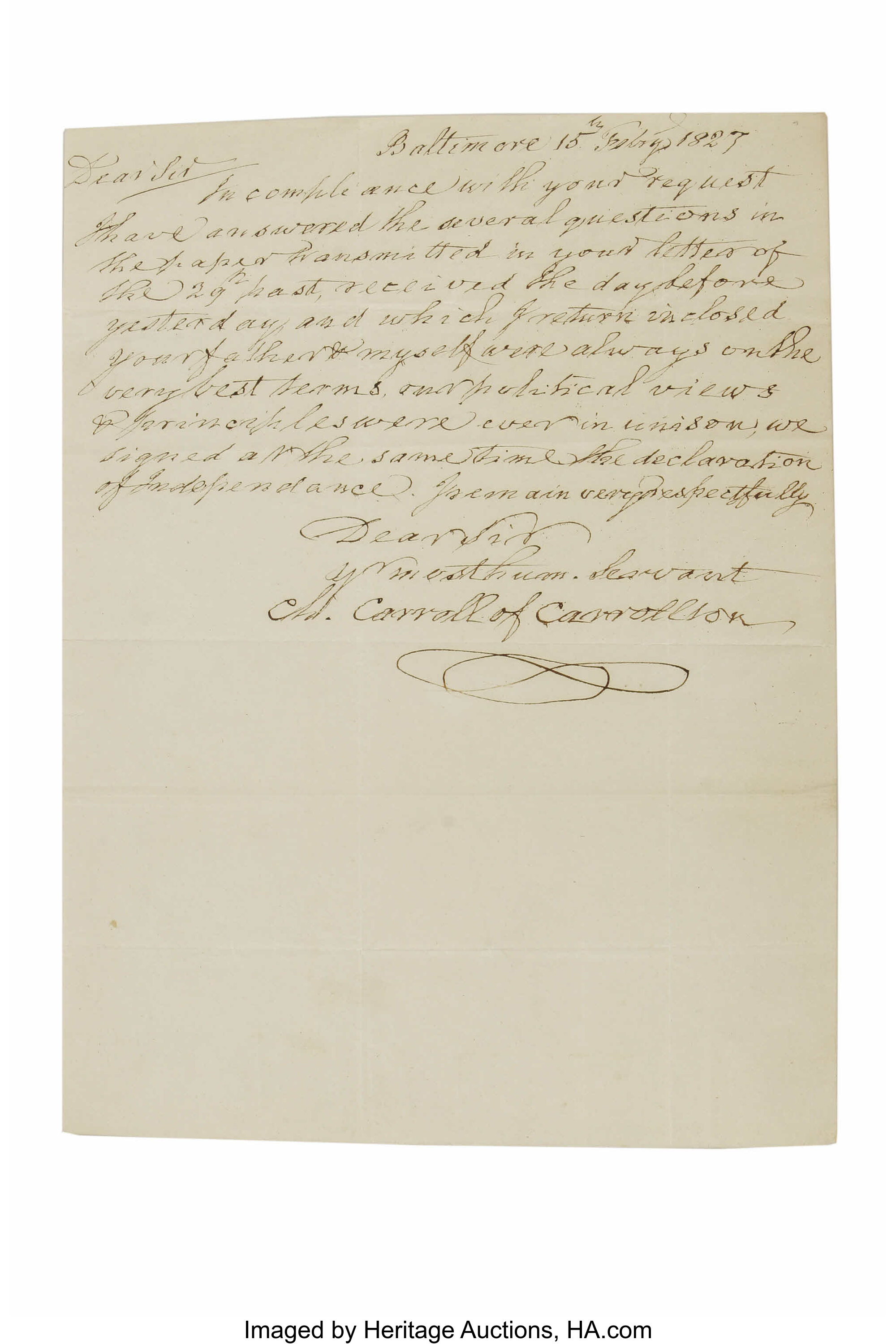 Declaration Signer Charles Carroll of Carrollton Autograph Letter | Lot ...