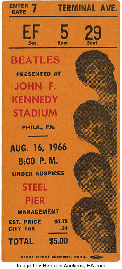 Beatles JFK Stadium Concert Ticket Stub, 1966. Twenty-one thousand ...