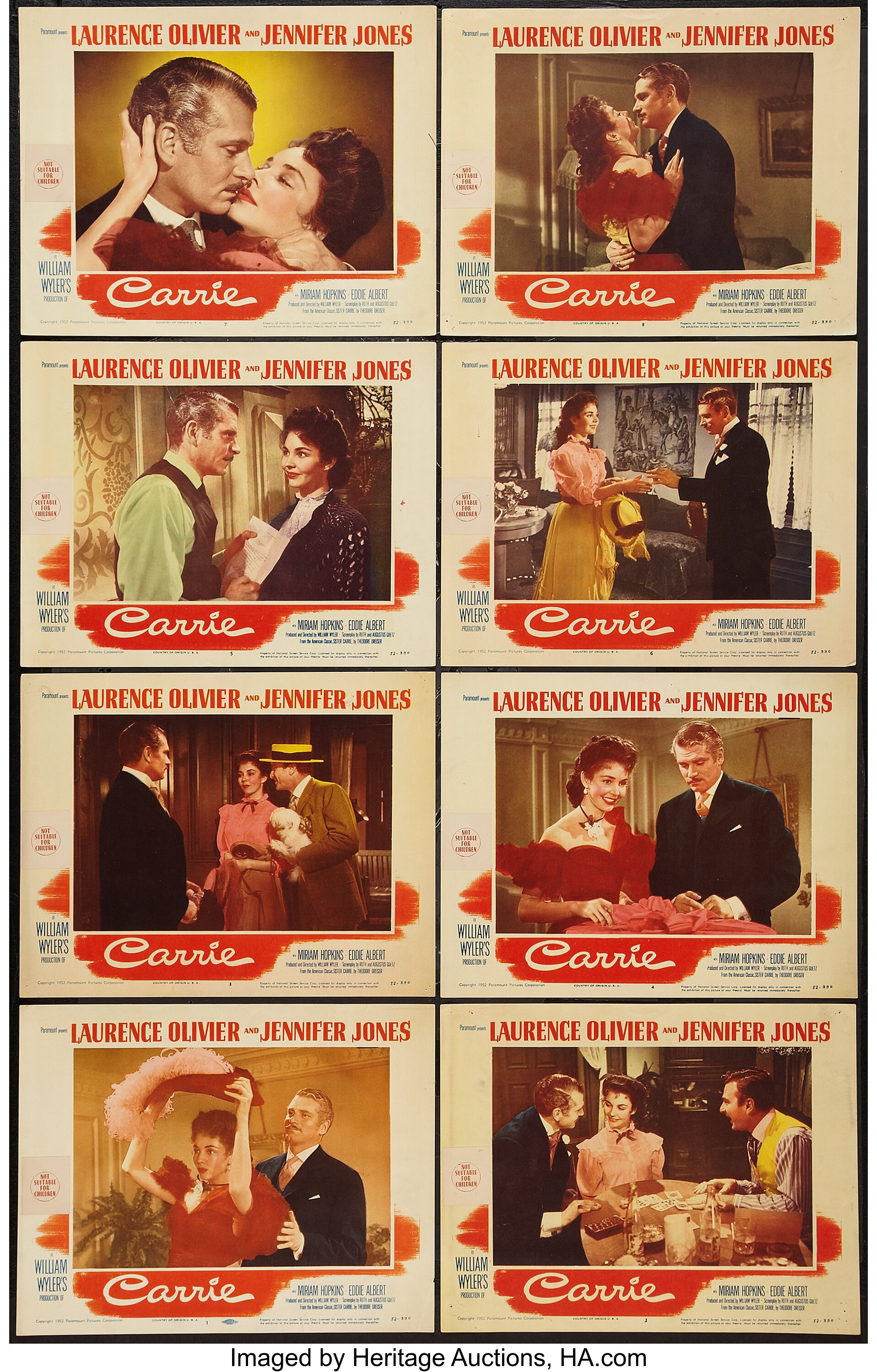 Carrie (Paramount, 1952). Lobby Card Set of 8 (11" X 14"). | Lot #52105 ...