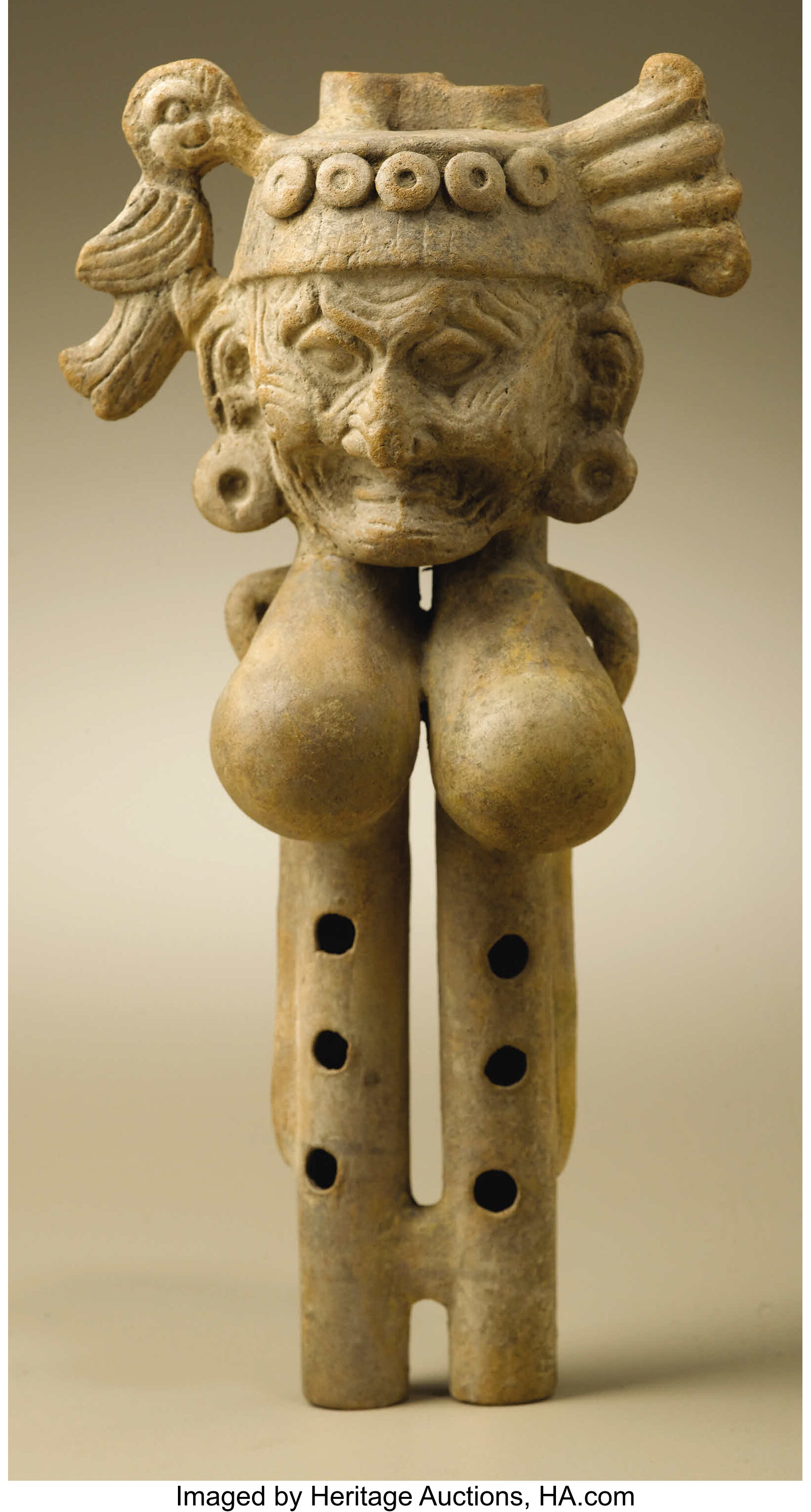 Double-chambered Flute with Head of an Old Person with Balloon-like ...
