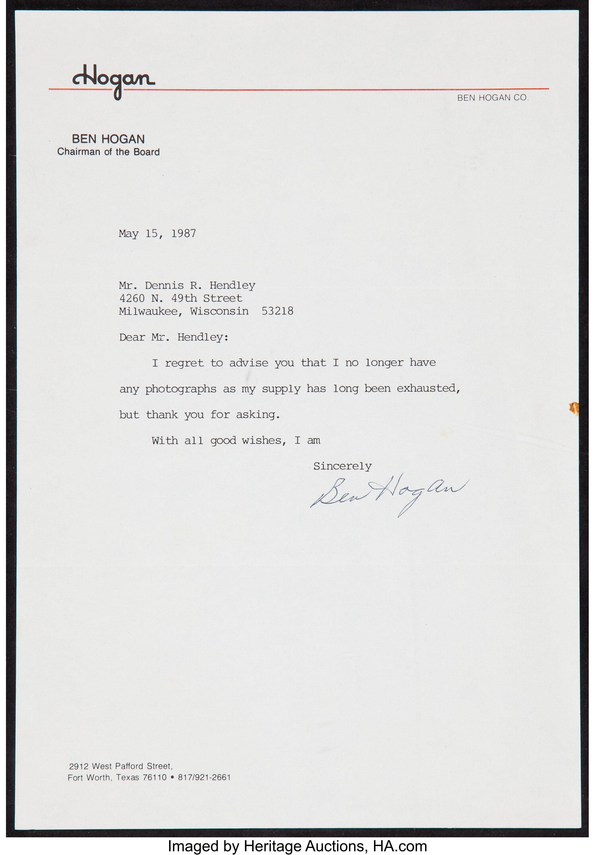 Ben Hogan Signed Letter.... Golf Collectibles Ephemera | Lot #44154 ...
