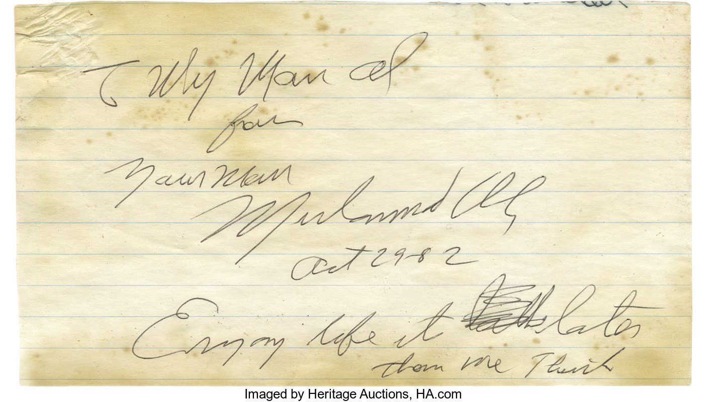 1982 Muhammad Ali Signed Handwritten Note. The clipped handwritten ...