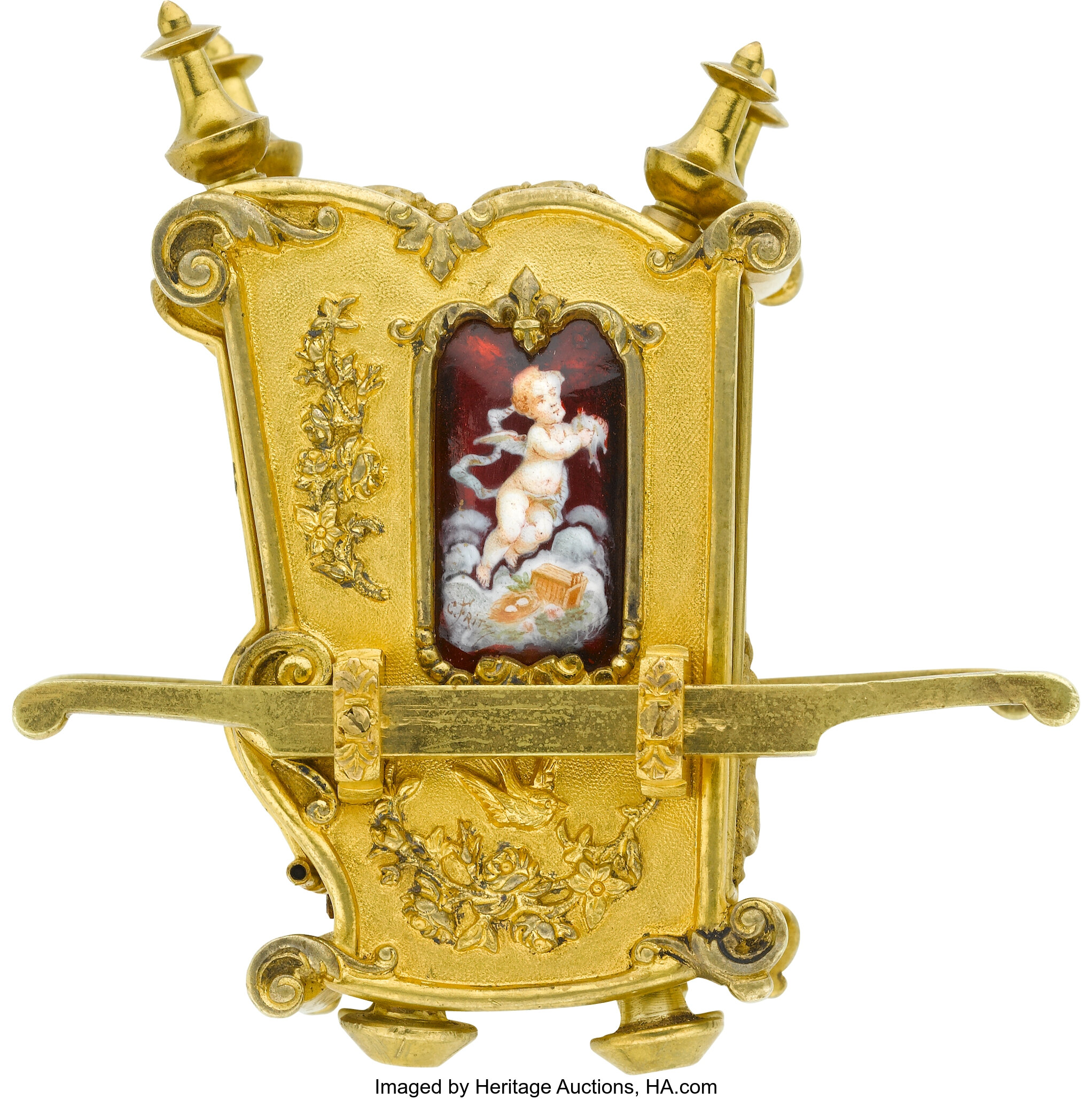 French Rare Palanquin Form Miniature Clock With Limoges Panels, | Lot ...