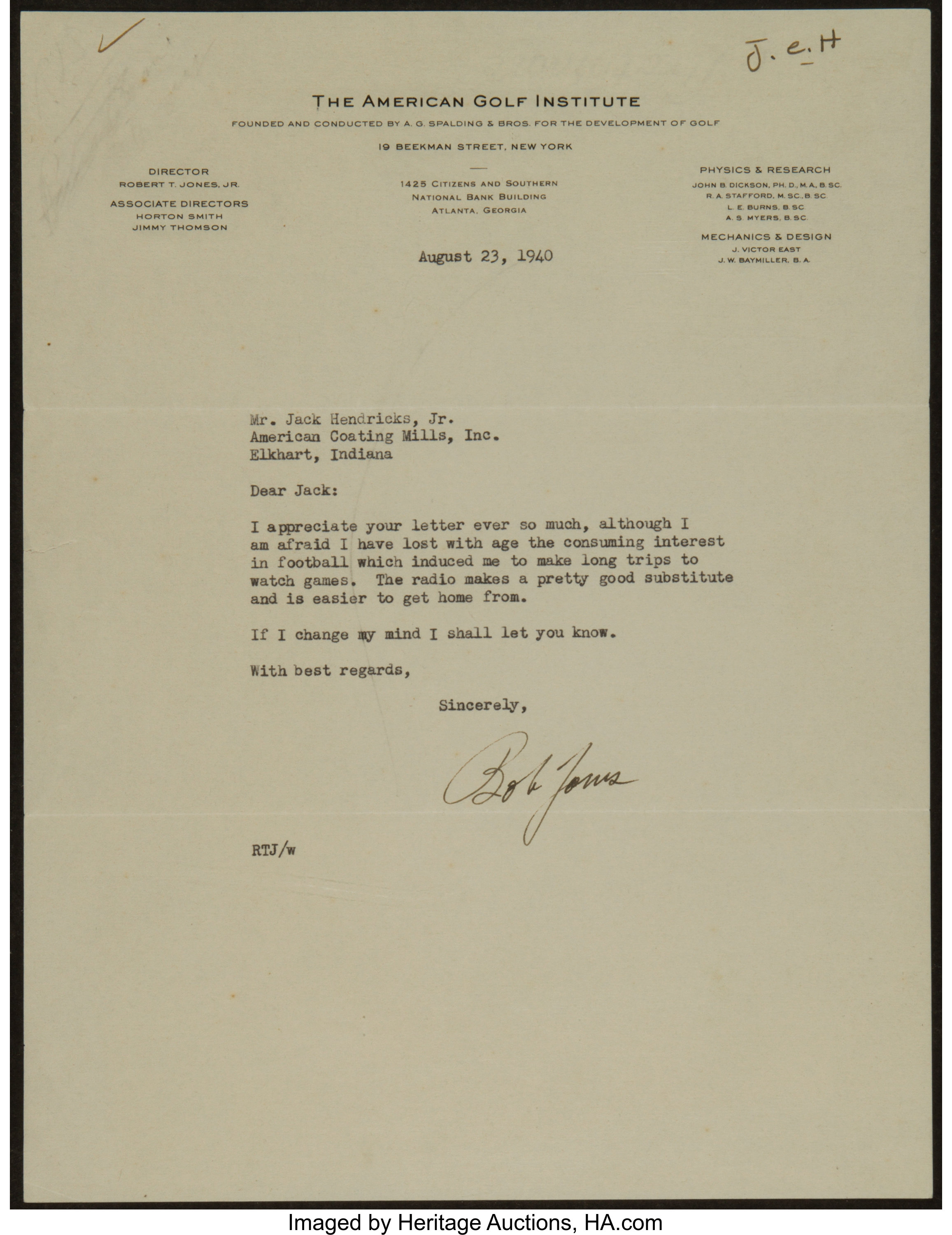 1941 Bobby Jones Signed Typed Letter - Football Content. ... Golf | Lot ...