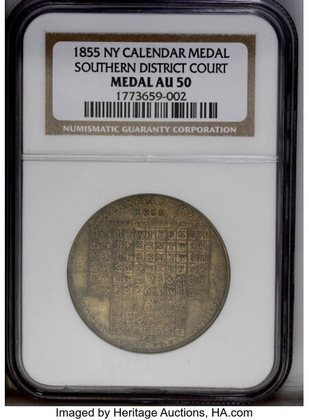 1855 Calendar Medal AU50 NGC. Brass. 33mm. Issued by J.B. Hyde of | Lot ...