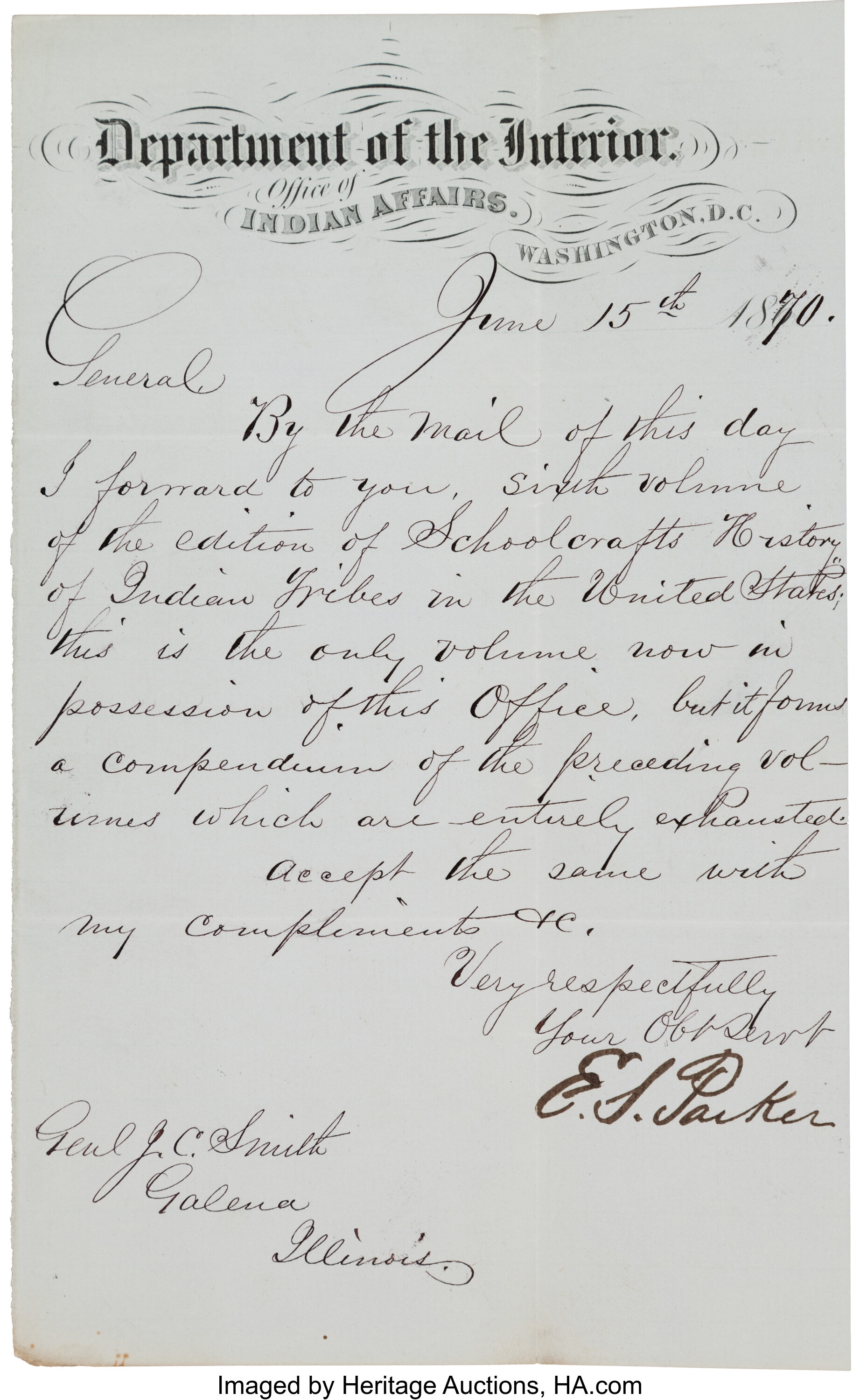 Ely S. Parker Autograph Letter Signed... Autographs Military | Lot ...