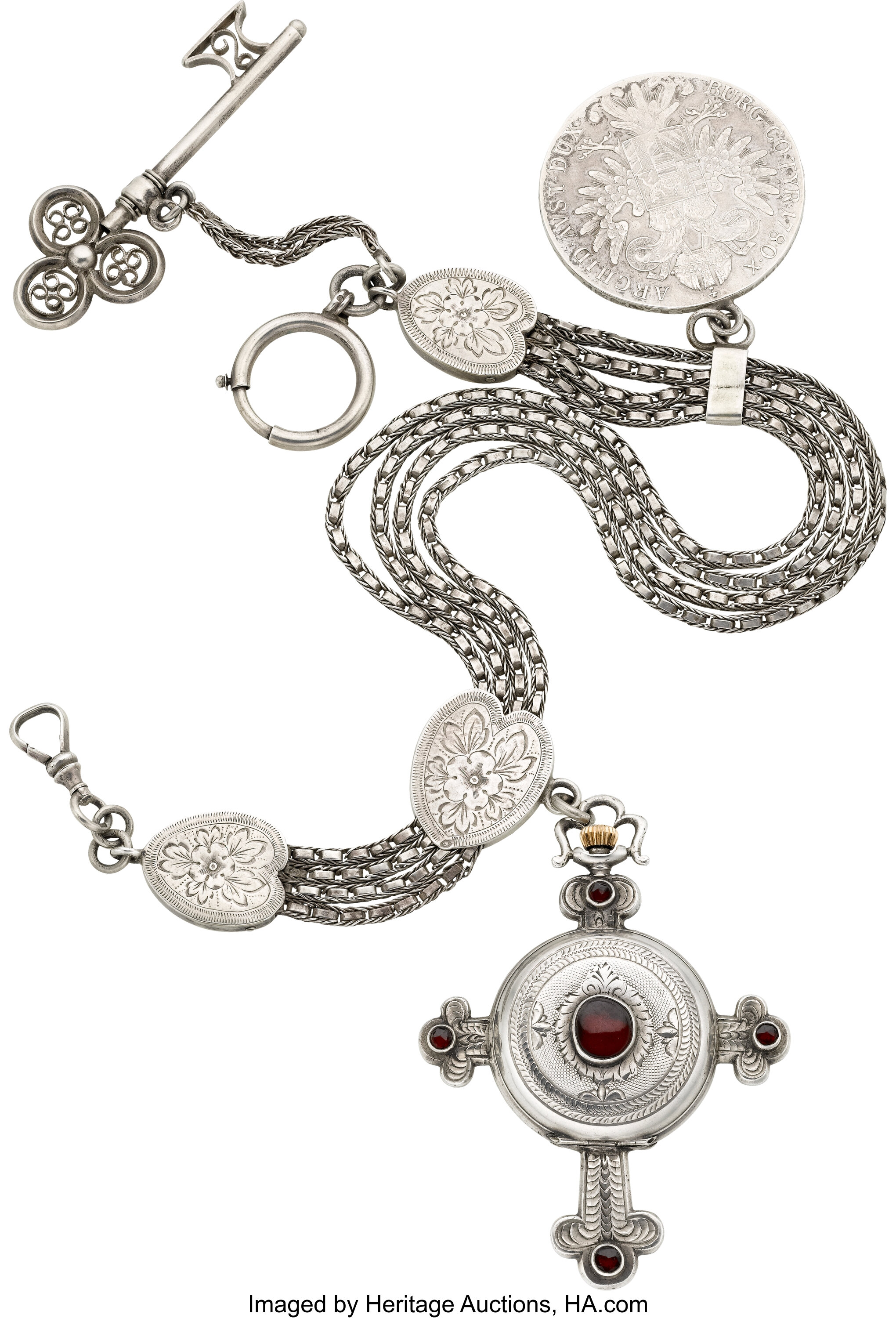Swiss Unusual Silver & Garnet Cross Form Watch With Chain, circa | Lot ...