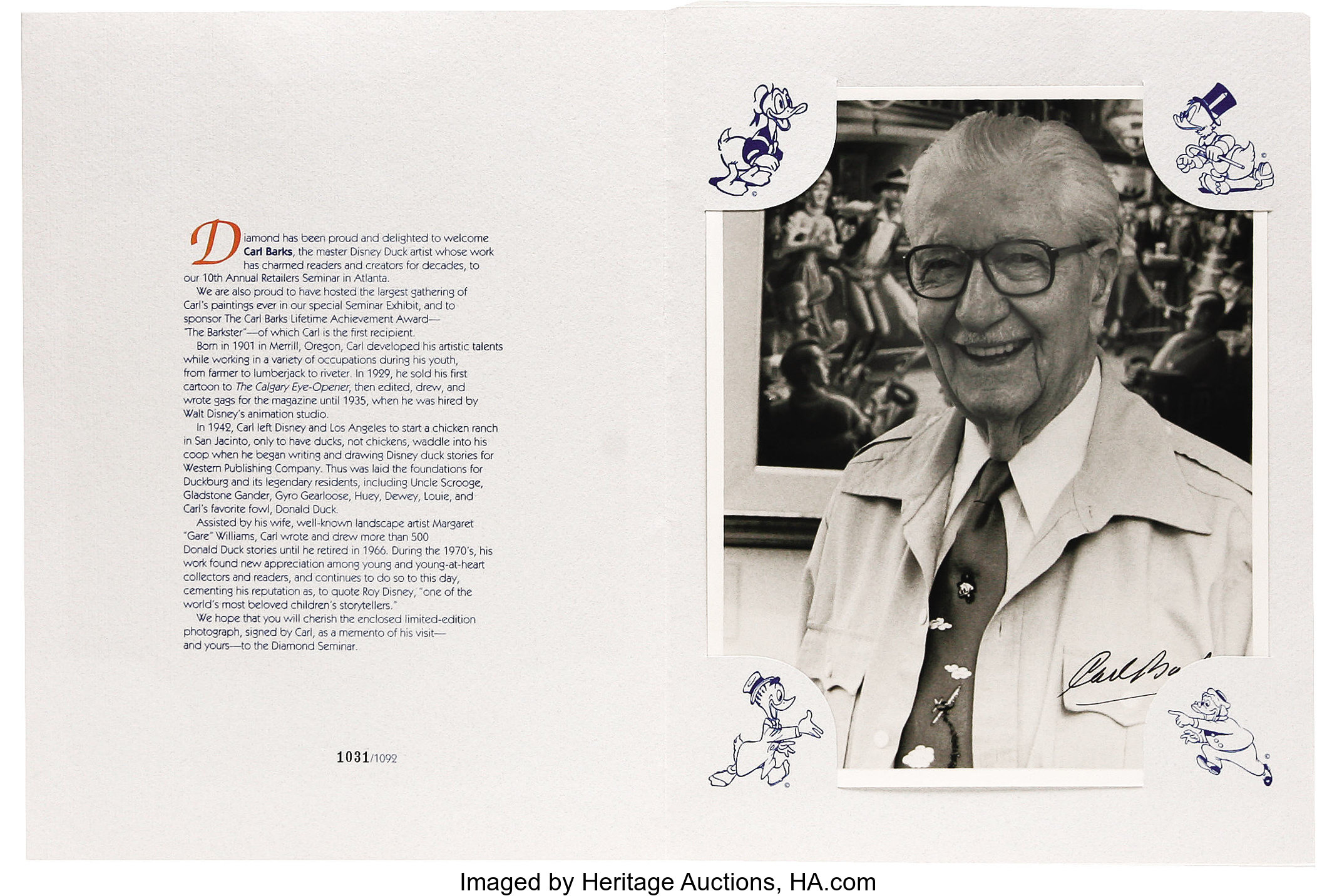 Carl Barks Limited Edition Signed Photograph #1031/1092 (Diamond | Lot ...