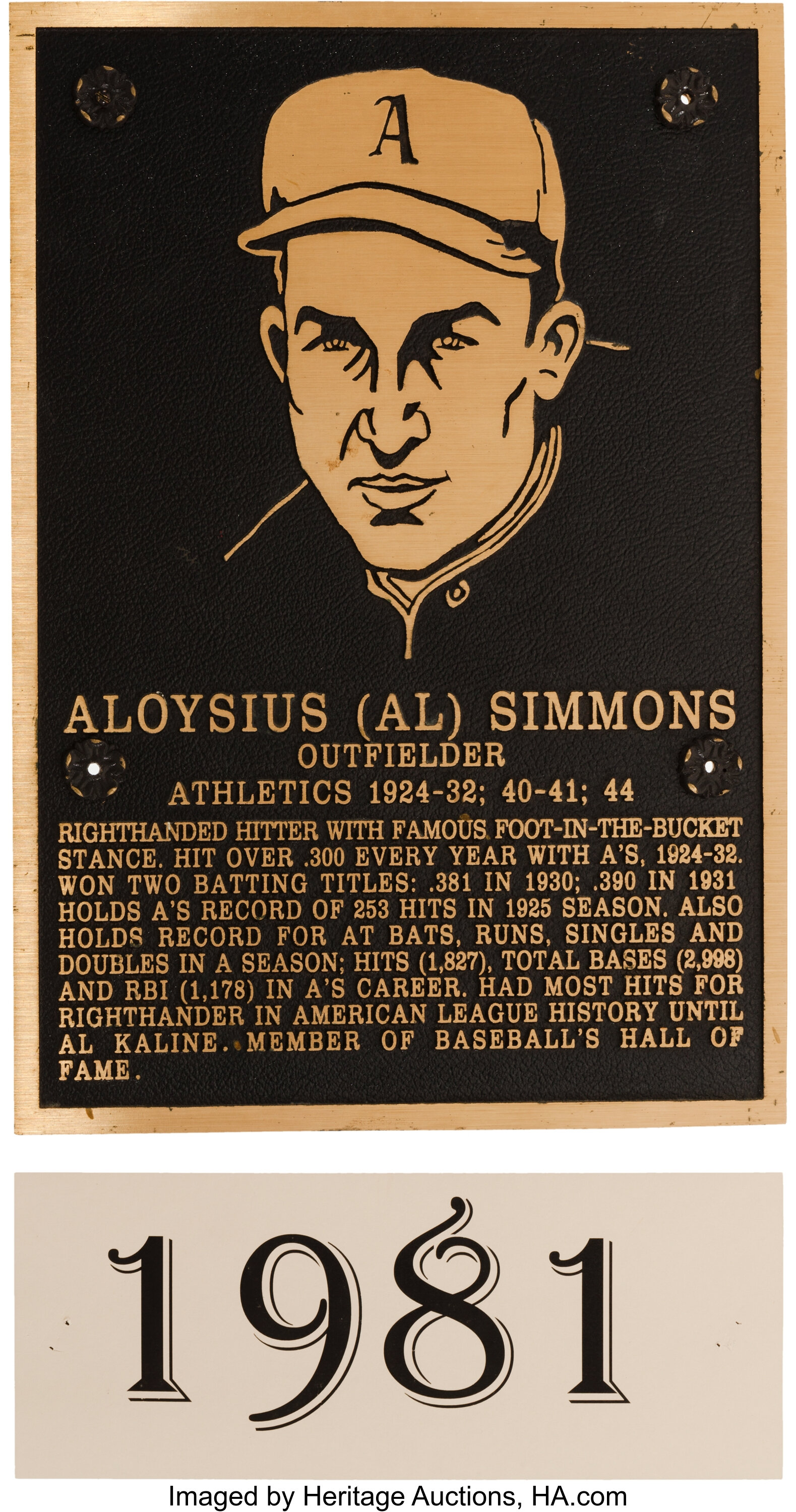 1981 Philadelphia Athletics Hall of Fame Plaque: Al Simmons.... | Lot ...