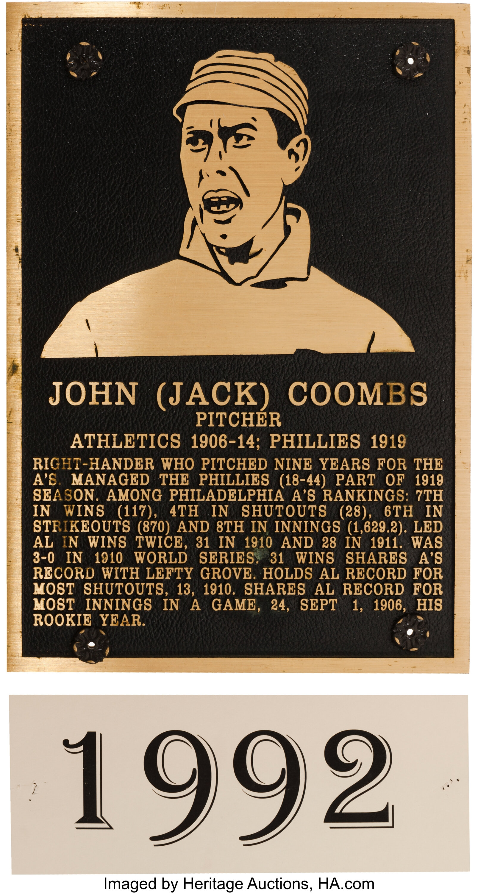 1992 Philadelphia Athletics Hall of Fame Plaque: Jack Coombs.... | Lot ...