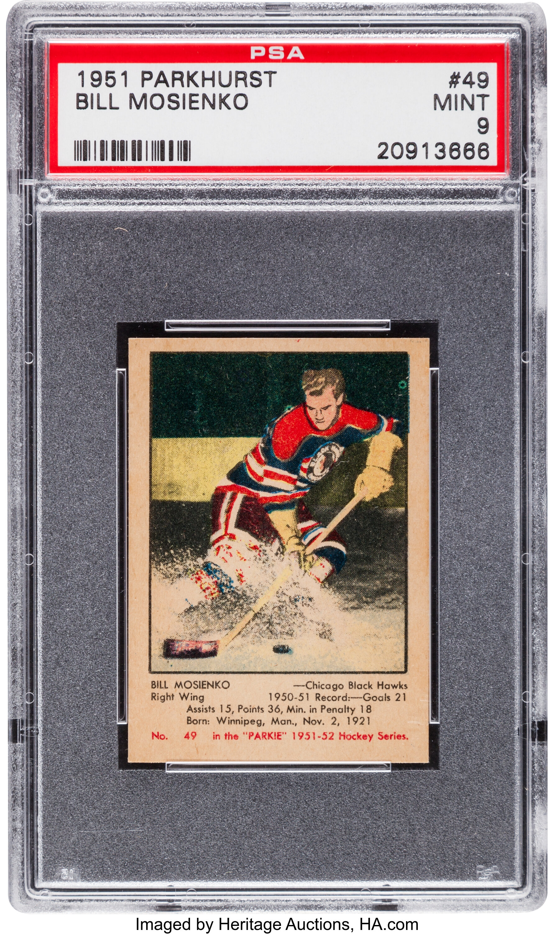 1951 Parkhurst Bill Mosienko #49 PSA Mint 9 - Pop Two, None Higher ...