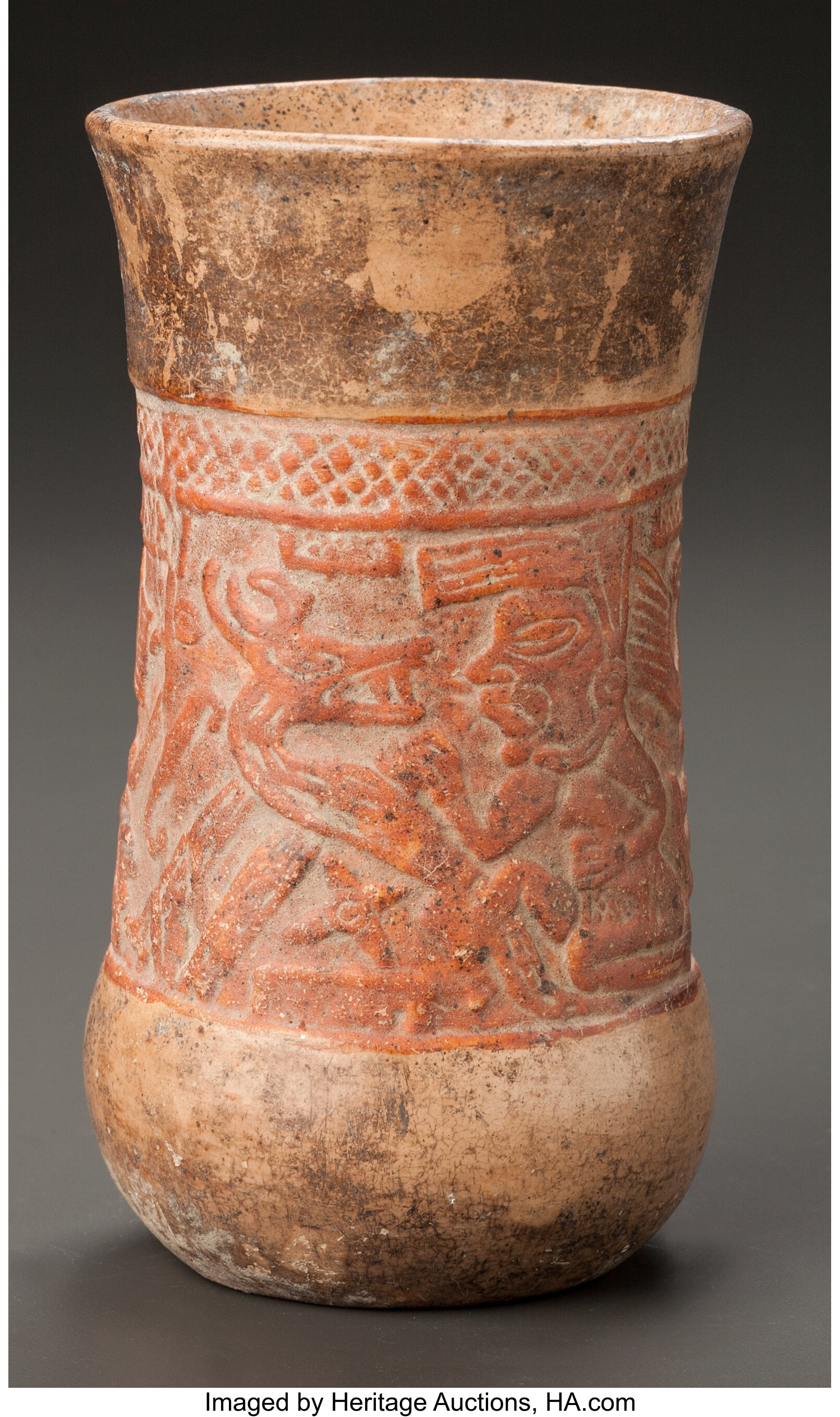 A MAYA CUP WITH MOLDED MYTHOLOGICAL SCENE. c. 600 - 900 AD... | Lot ...
